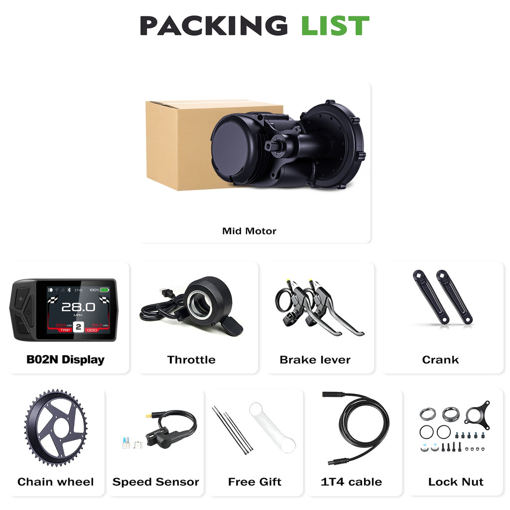 TSDZ8 Mid Drive EBIKE Kit packing list showing the motor, B02N display ...